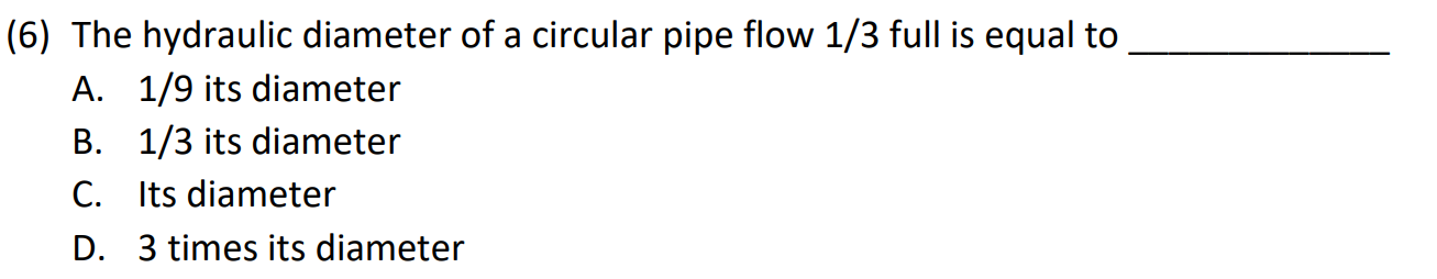 Solved (6) The hydraulic diameter of a circular pipe flow | Chegg.com