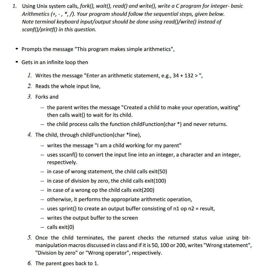 1. Using Unix system calls, fork(), wait(), read() | Chegg.com