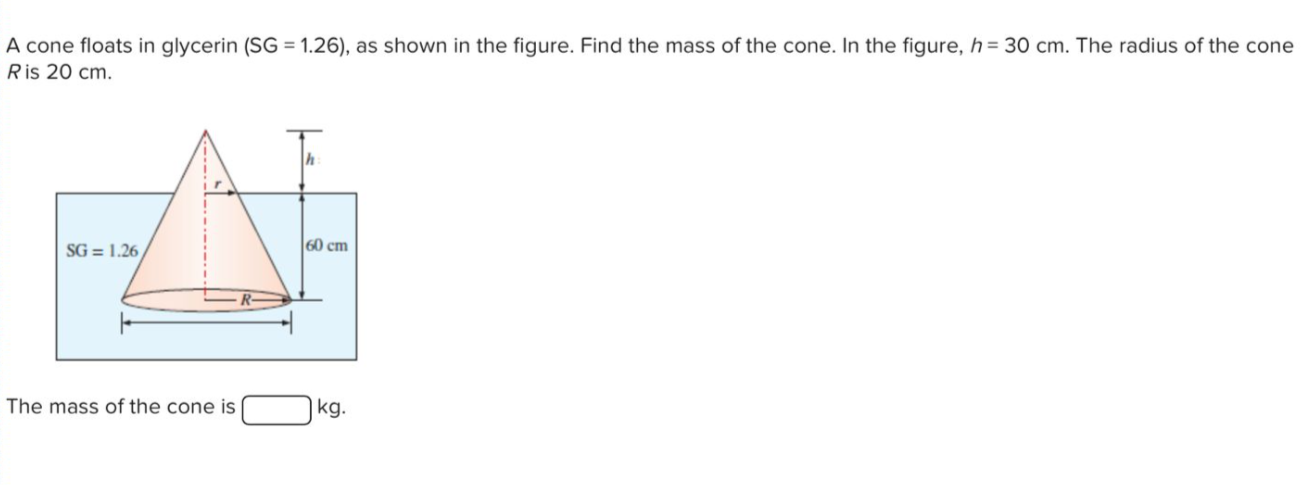 Solved A cone floats in glycerin (SG = 1.26), as shown in | Chegg.com