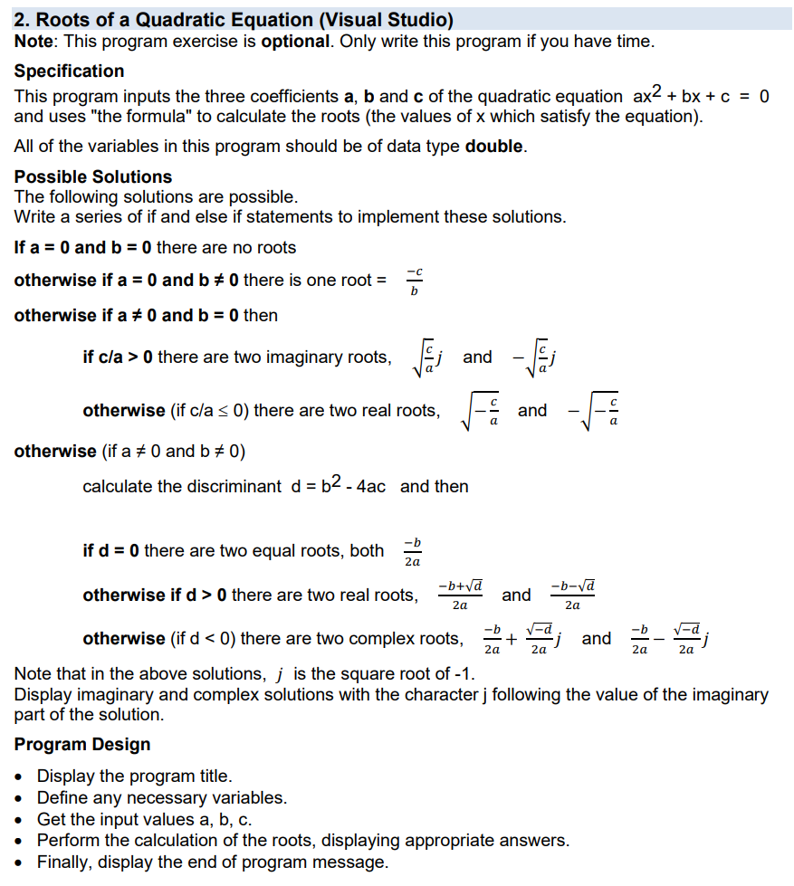 Solved 2. Roots of a Quadratic Equation (Visual Studio) | Chegg.com