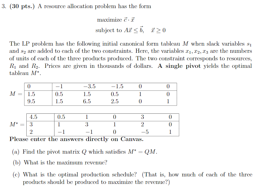 3. (30 pts.) A resource allocation problem has the | Chegg.com