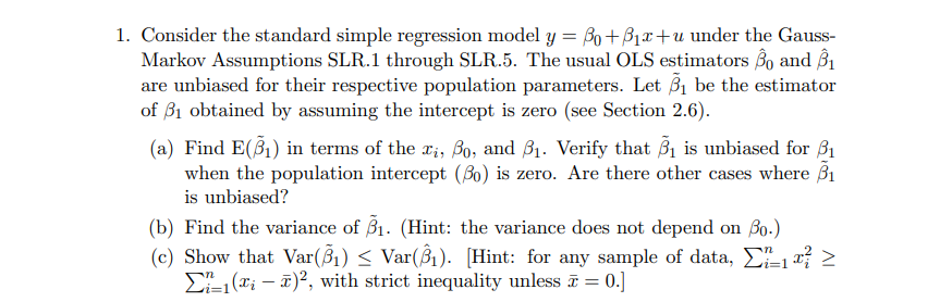 Solved 1 Consider The Standard Simple Regression Model Y 0935