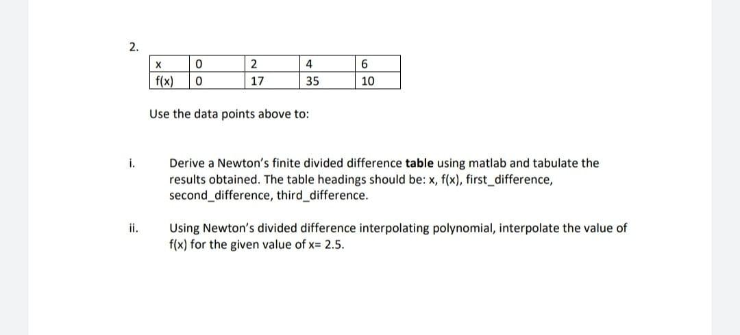 Solved 2. 0 2 6 х f(x) 4 35 0 17 10 Use the data points | Chegg.com