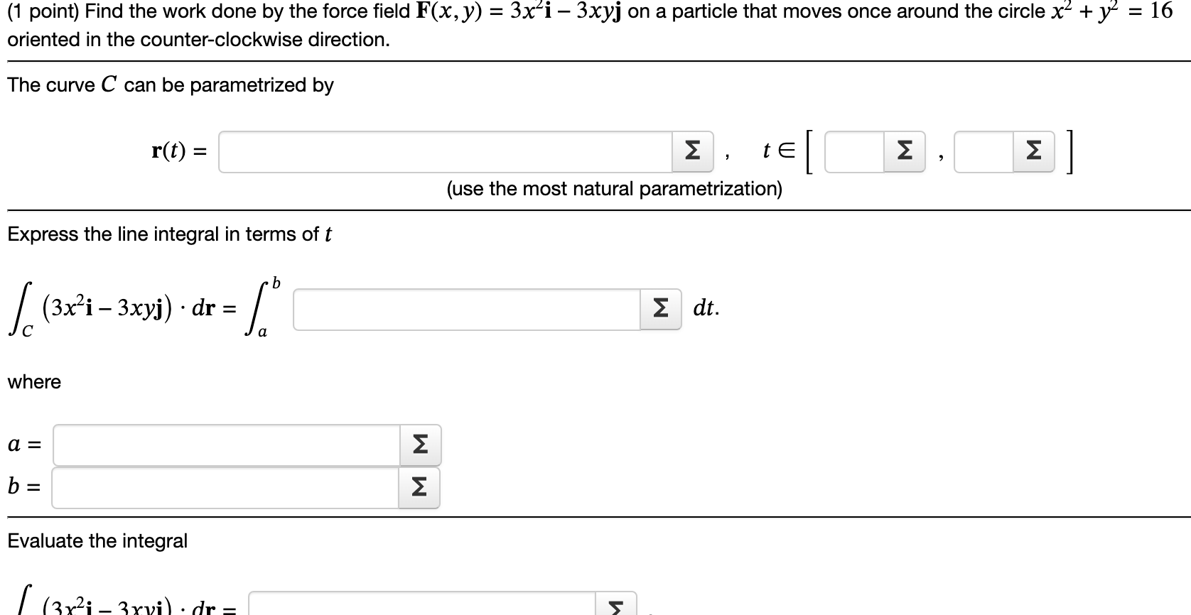 Solved (1 point) Find the work done by the force field | Chegg.com