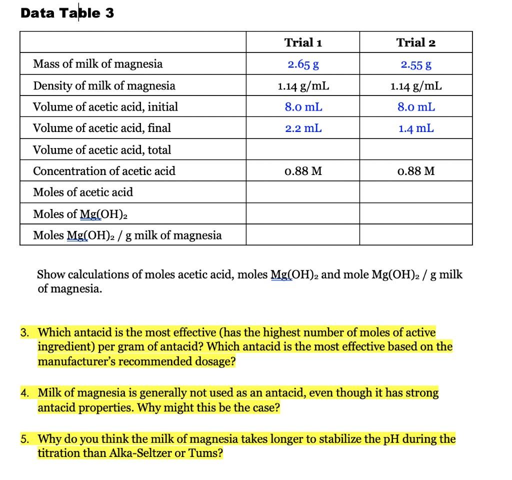 Solved Data Table 3 Trial 1 Trial 2 2.65 g 2.55 g 1.14 g/mL | Chegg.com