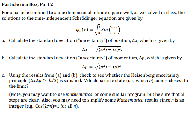 Solved Particle in a Box, Part 2 For a particle confined to | Chegg.com