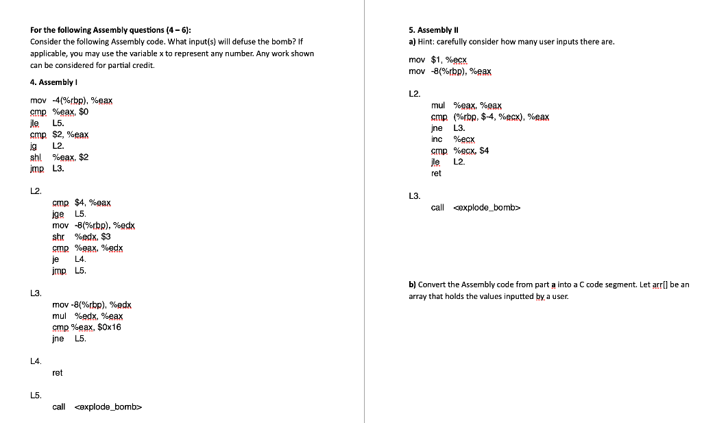 For The Following Assembly Questions 4 