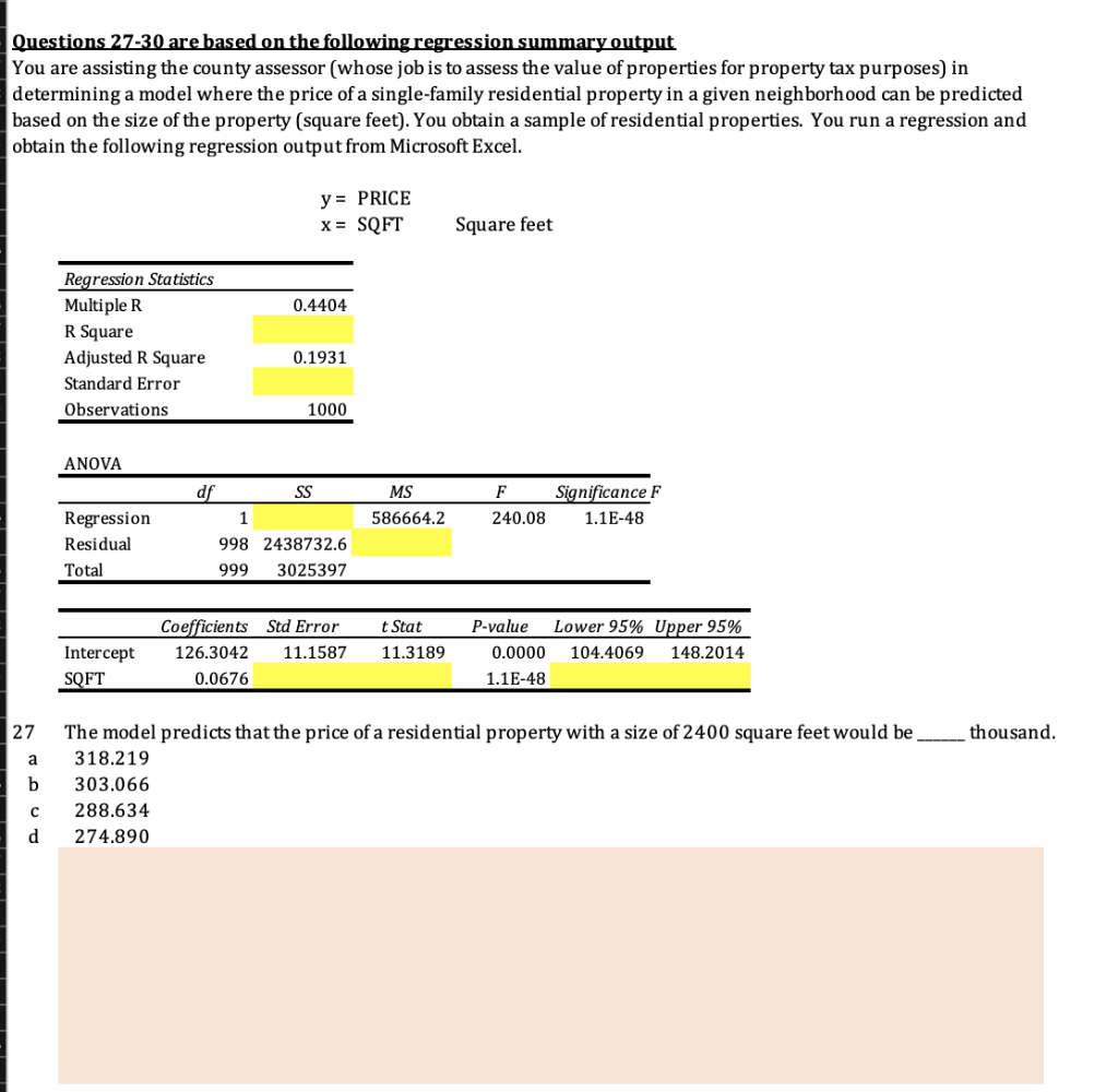 Solved Questions 27-30 are based on the following regression | Chegg.com