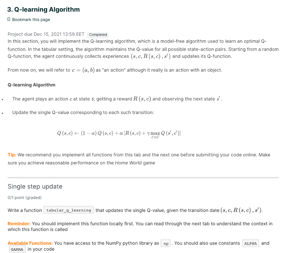 Solved 3. Q-learning Algorithm A Bookmark this page Project | Chegg.com