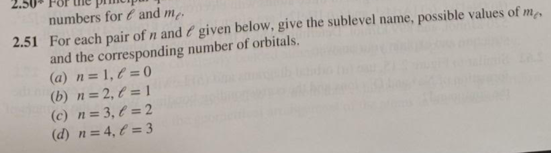 Solved numbers for ℓ and mℓ. 2.51 For each pair of n and ℓ | Chegg.com