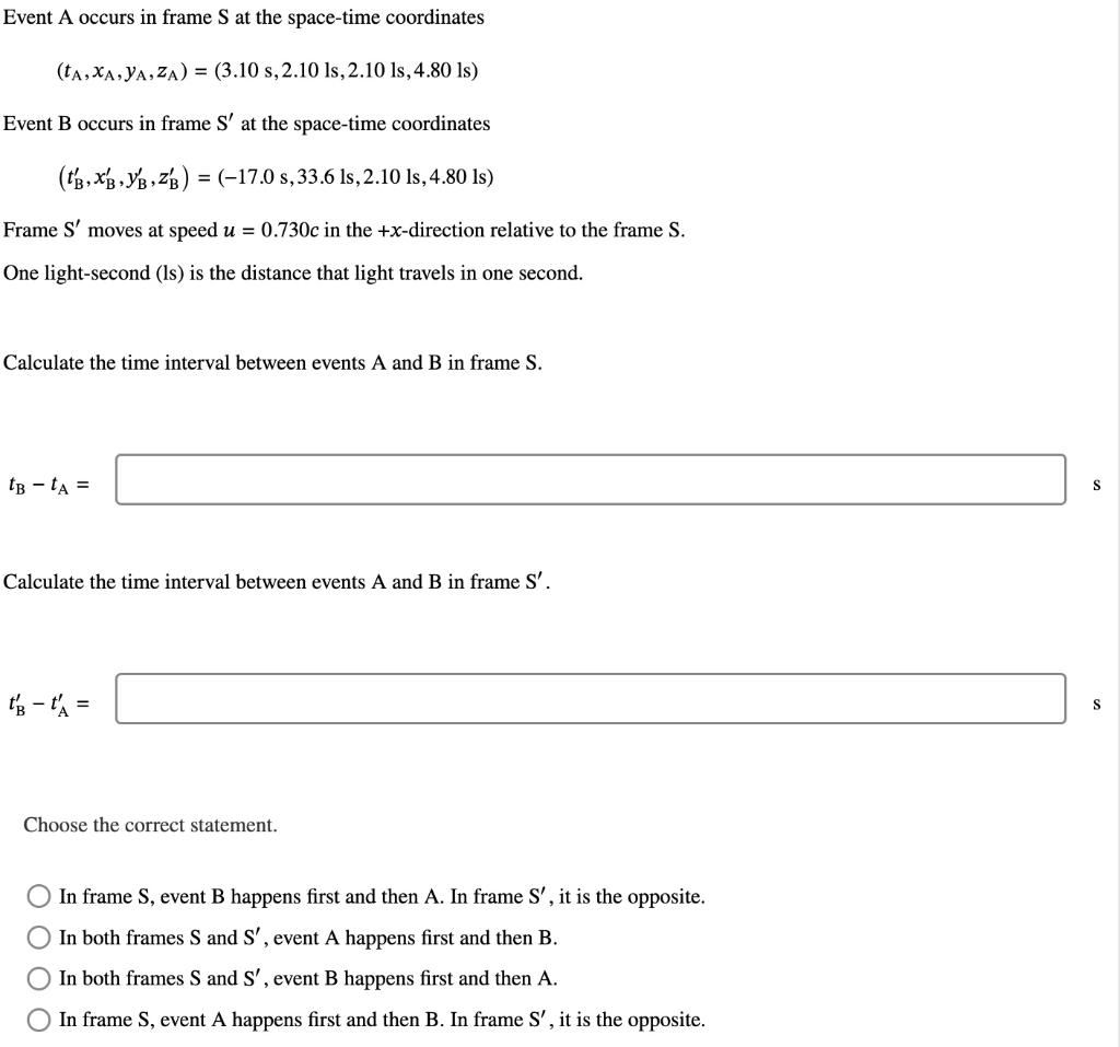 Solved Event A occurs in frame SS at the space‑time | Chegg.com