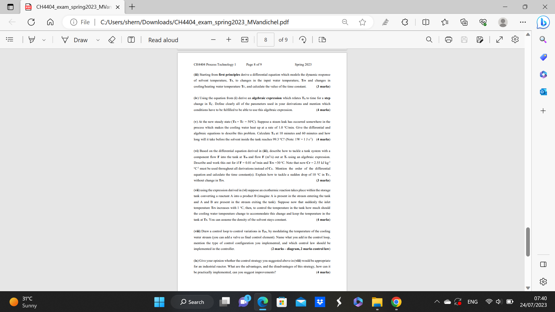 Solved Part 3. Mathematical modelling of process dynamics | Chegg.com
