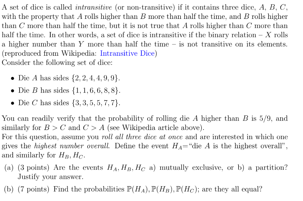 Solved A set of dice is called intransitive (or | Chegg.com