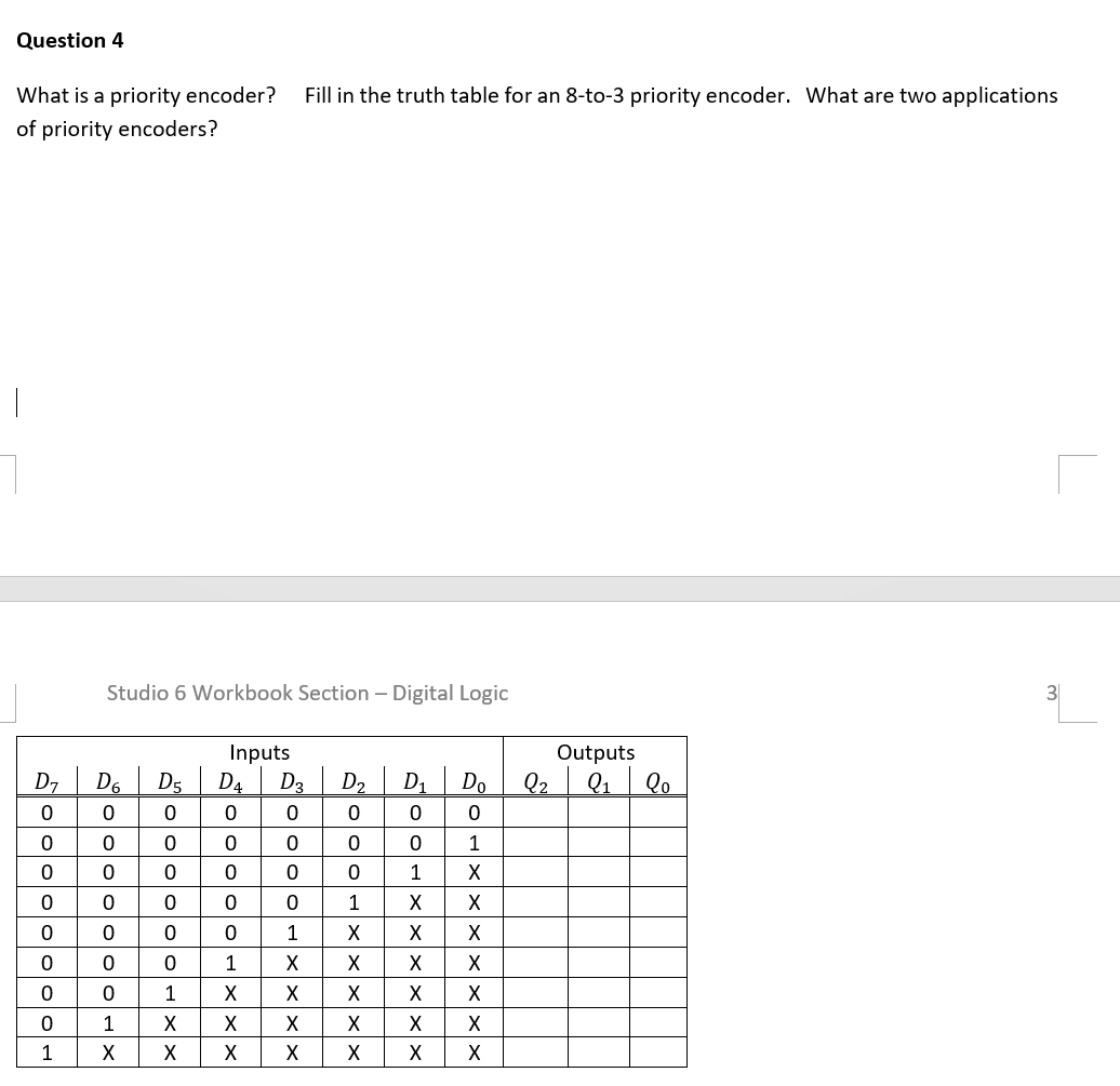 Solved What is a priority encoder? Fill in the truth table | Chegg.com
