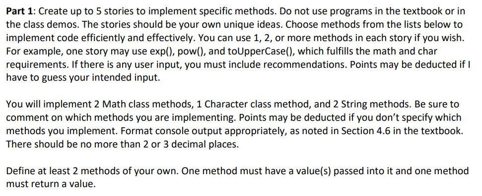 Solved Part 1: Create up to 5 stories to implement specific | Chegg.com