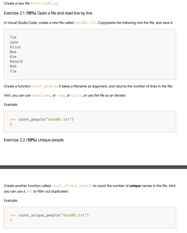Solved Create a new file exercise02.py. Exercise 2.1 (10%) | Chegg.com