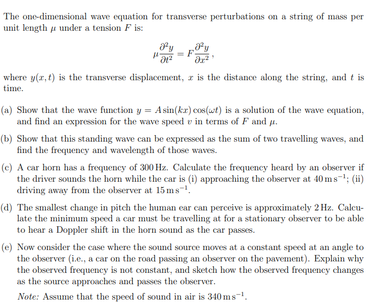 Solved The one-dimensional wave equation for transverse | Chegg.com