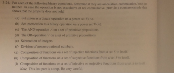 Solved For each of the following binary operations, | Chegg.com