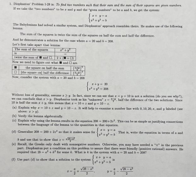 Solved 1. Diophantus' Problem 1-28 is: To find two numbers | Chegg.com