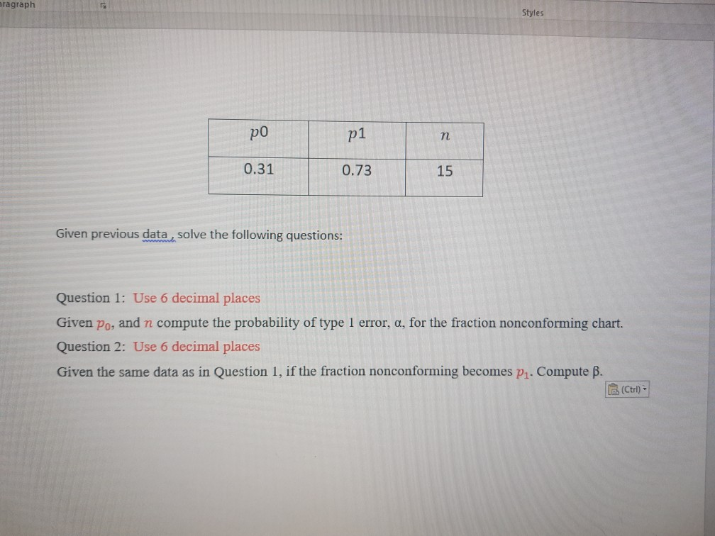 aragraph Styles po p1 0.31 0.73 15 Given previous | Chegg.com
