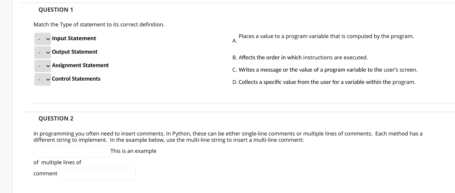 Solved QUESTION 1 Match the Type of statement to its correct | Chegg.com