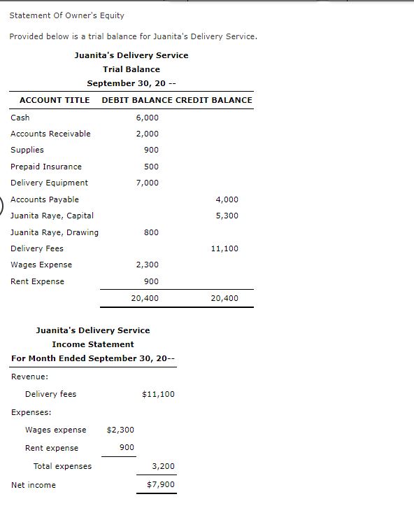 Solved Statement Of Owner's Equity Provided below is a trial | Chegg.com