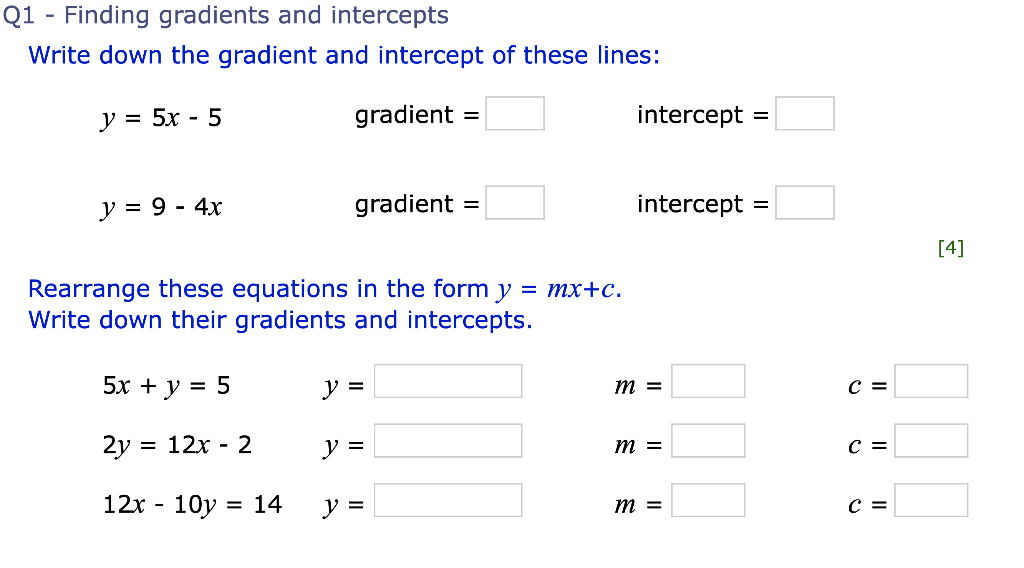 Solved Q1 - Finding gradients and intercepts Write down the | Chegg.com