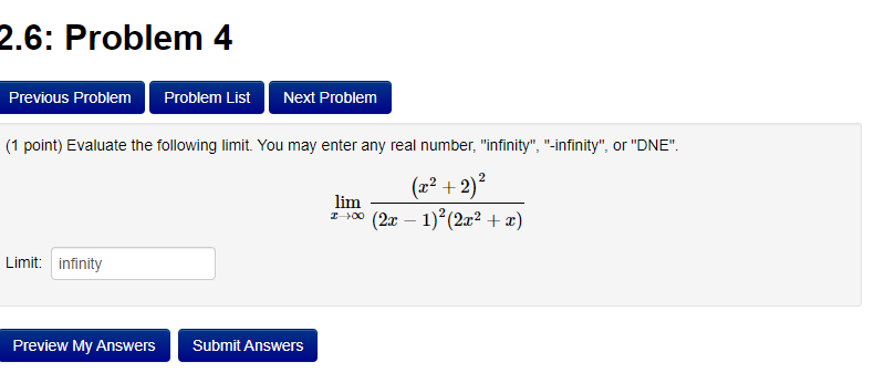 Solved 1 point) Evaluate the following limit. You may enter | Chegg.com