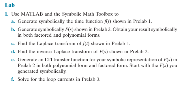 Solved Lab 1. Use MATLAB and the Symbolic Math Toolbox to a. | Chegg.com