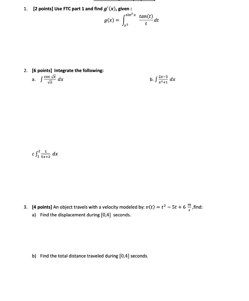 Solved 1. [2 points] Use FTC part 1 and find g'(x), given : | Chegg.com