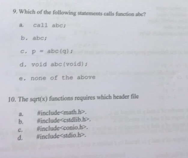 Solved Which of the following statements calls function abc? | Chegg.com