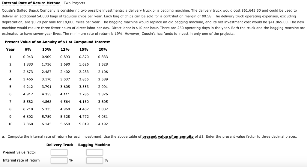 Solved Internal Rate of Return Method -Two Projects Cousin's | Chegg.com