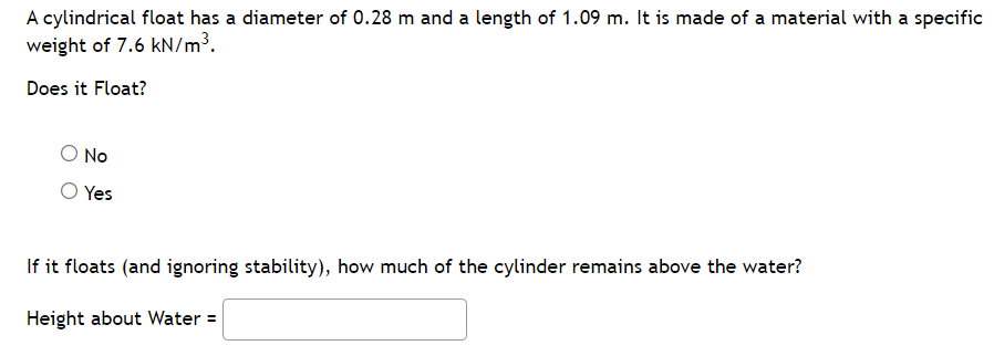 Solved A cylindrical float has a diameter of 0.28 m and a | Chegg.com