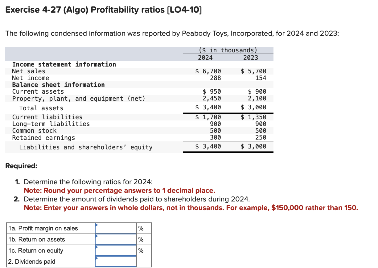 Solved Exercise 4-27 (Algo) Profitability ratios [LO4-10] | Chegg.com