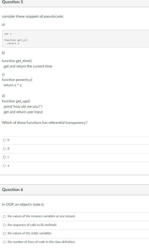Solved Question 5 consider these snippets of pseudocode: a) | Chegg.com