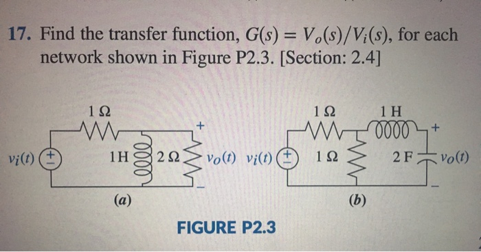Solved 17. Find the transfer function, G(s) Vo(s)/V(s), for | Chegg.com