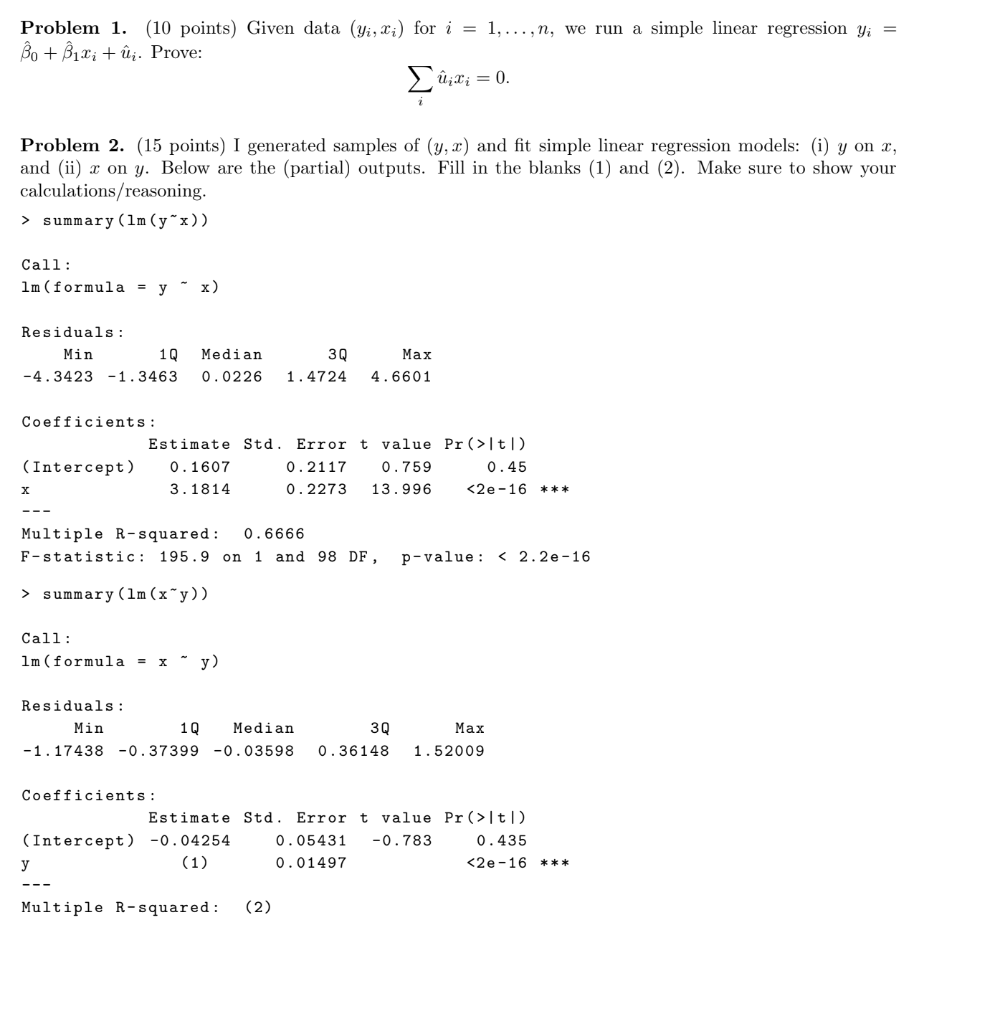Problem 1. (10 points) Given data (yi, i) for i = | Chegg.com