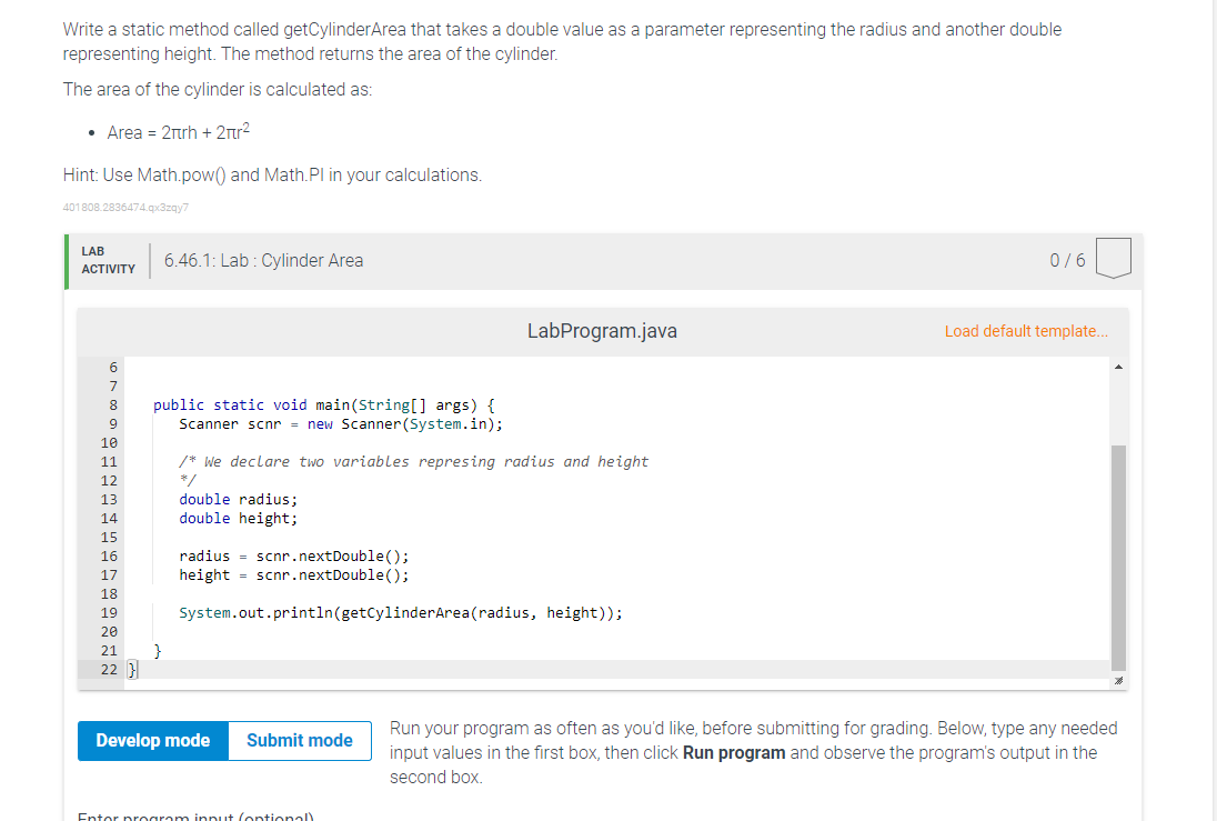 Solved Write A Static Method Called Getcylinderarea That 4023