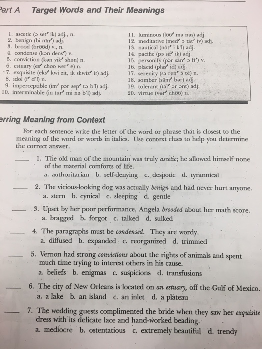 Solved Part A Target Words And Their Meanings L Ascetic a Chegg