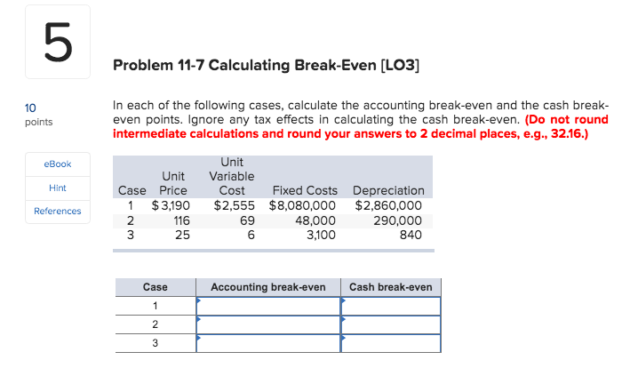 Solved Problem 11-7 Calculating Break-Even [LO3] points In | Chegg.com
