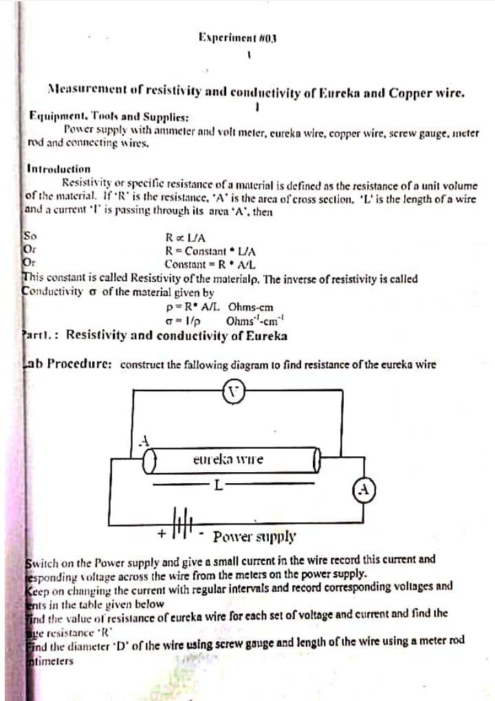 Solved Experiment #03 Measurement of resistivity and | Chegg.com