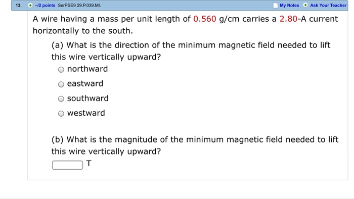 Solved A wire having a mass per unit length of 0.560 g/cm | Chegg.com