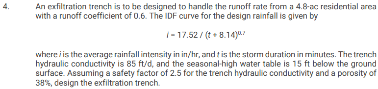 Solved An exfiltration trench is to be designed to handle | Chegg.com