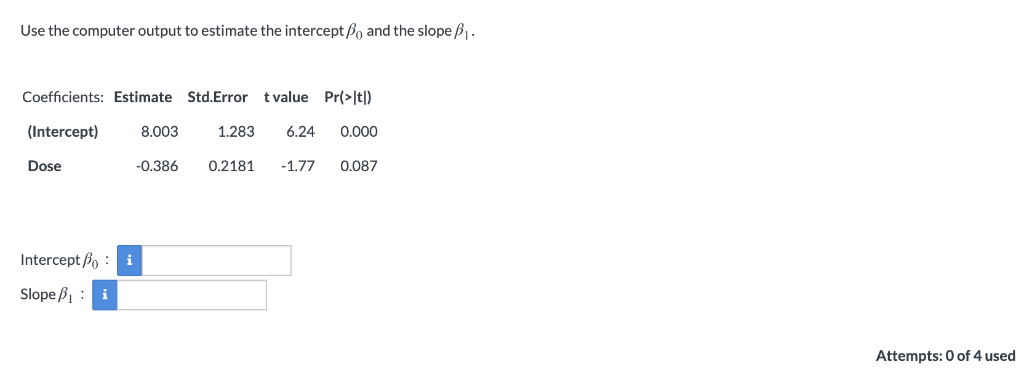 Solved Use the computer output to estimate the intercept Po | Chegg.com
