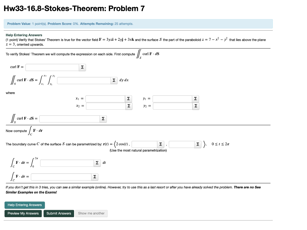 Solved Hw33-16.8-Stokes-Theorem: Problem 7 Problem Value: 1 | Chegg.com