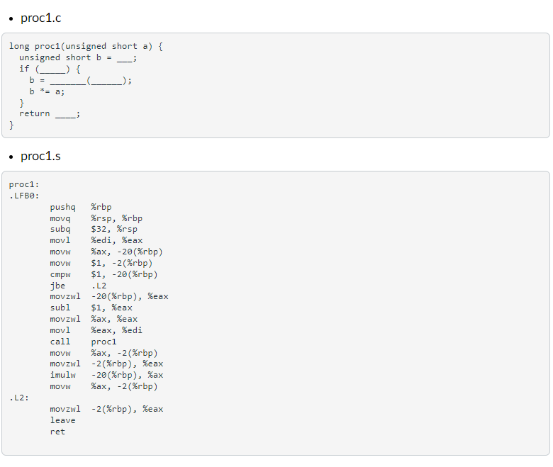 Solved - proc1.c - proc1.S proc1: - LFBO: pushq \%rbp movq | Chegg.com