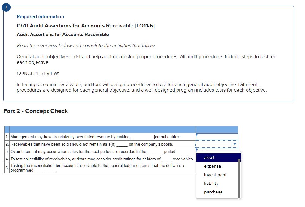 Solved Required information Ch11 Audit Assertions for | Chegg.com Solved Required information Ch11 Audit Assertions for | Chegg.com