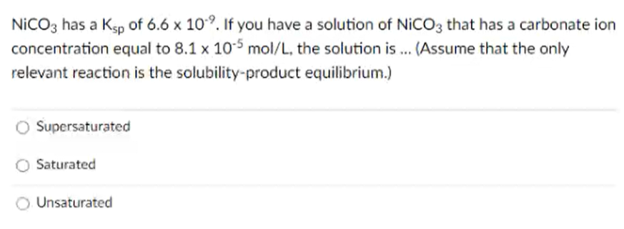 Solved NiCO3 has a Ksp of 6.6 x 10-9. If you have a solution | Chegg.com
