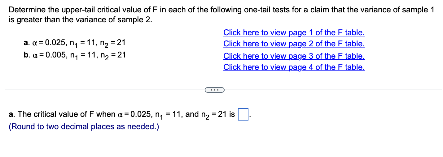 Solved Determine the upper-tail critical value of F in each | Chegg.com