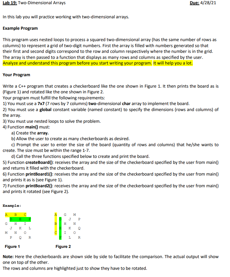 Solved Lab 19: Two-Dimensional Arrays Due: 4/28/21 In this | Chegg.com